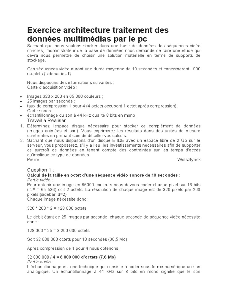 Exercice Architecture Traitement Des Données Multimédias Par Le PC ...