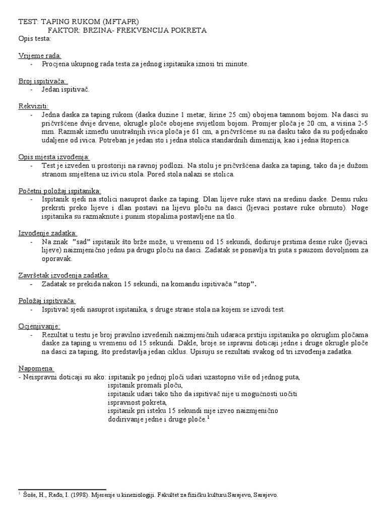 Psihomotoričke Sposobnosti Brzina Frekvencije Pokreta - Taping Rukom | PDF
