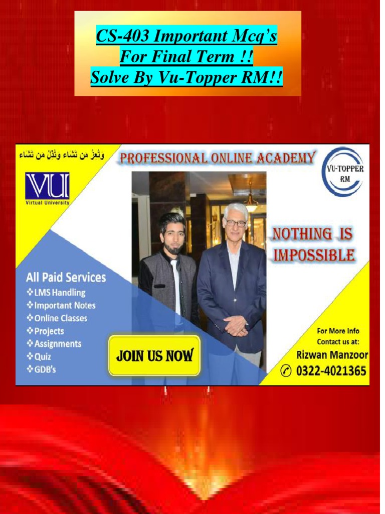 CS403 Mcq's FinalTerm by Vu Topper RM | PDF | Databases | Database Index