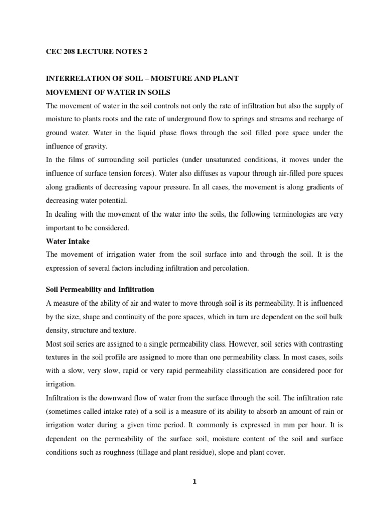 Cec 208 Lecture Notes 2 | PDF | Soil | Irrigation