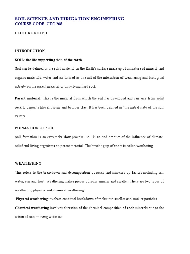 Cec 208 Lecture Notes 1 | PDF | Soil | Weathering