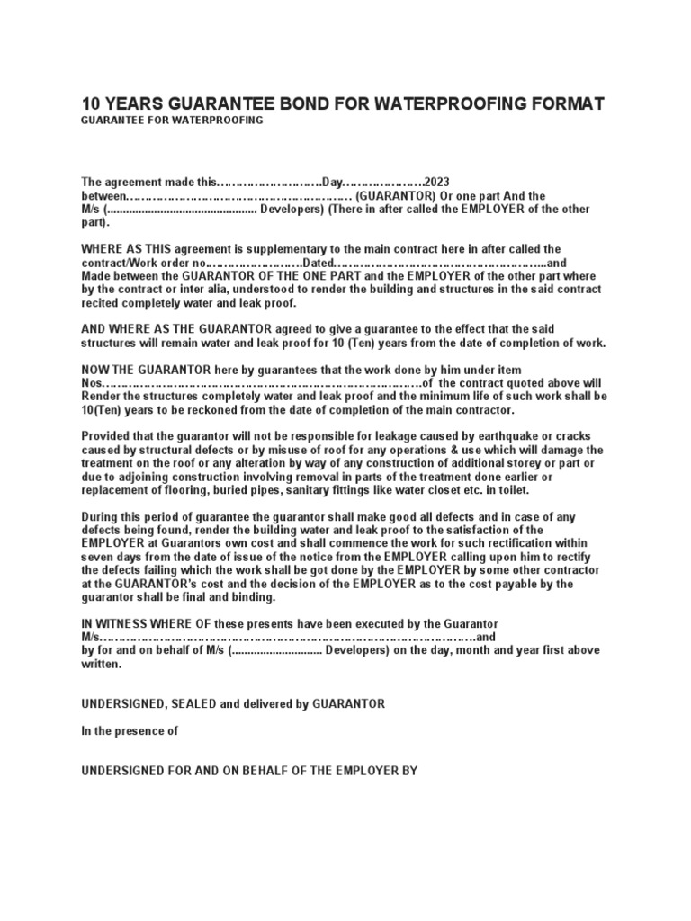 10 Years Guarantee Bond For Waterproofing Format | PDF | Surety ...
