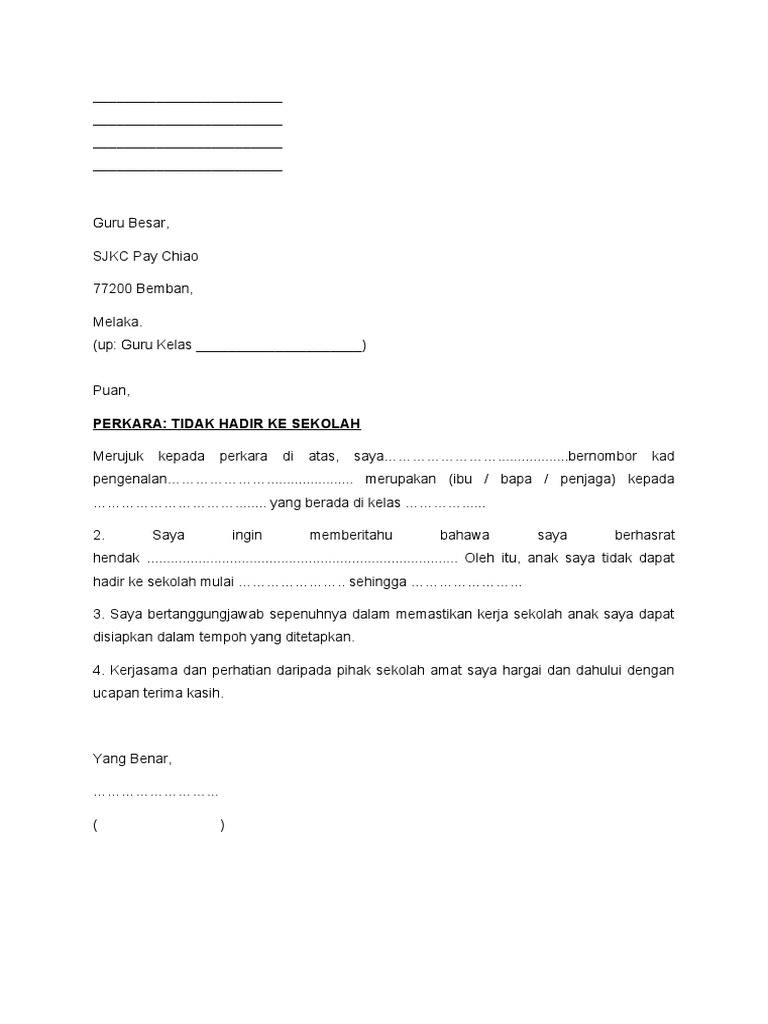 Template Surat Tidak Hadir Ke Sekolah | PDF | Karier & Perkembangan ...