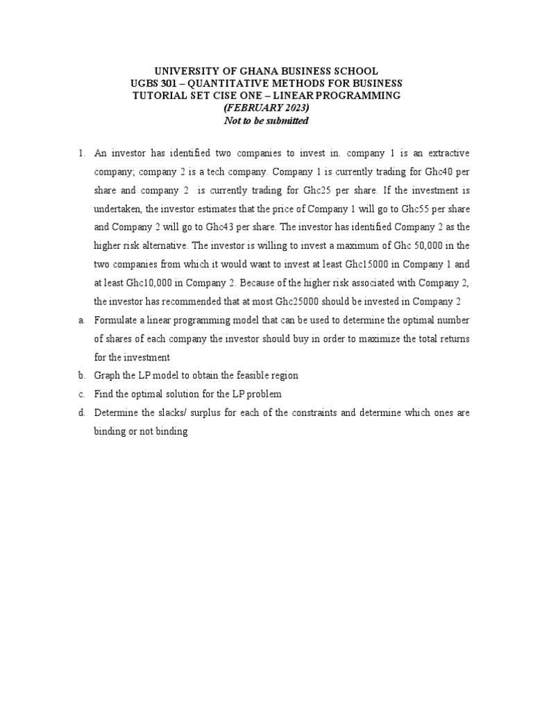 Tutorial Set 2 - Linear Programming | PDF | Stocks | Investing Tutorial Set 2 - Linear Programming | PDF | Stocks | Investing