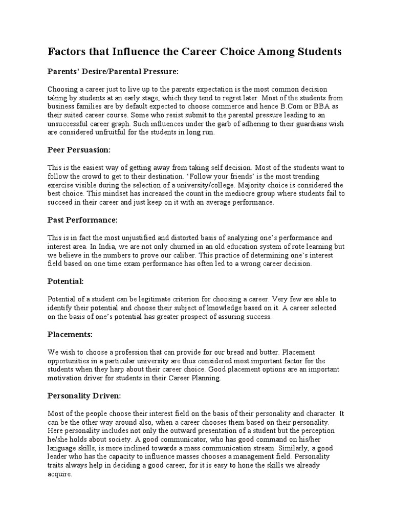 Factors Influencing Choice of Career | PDF | Adolescence | Psychology
