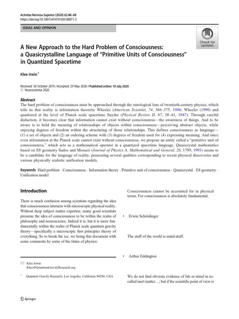 A New Approach To The Hard Problem of Consciousness by Klee Irwin | PDF ...