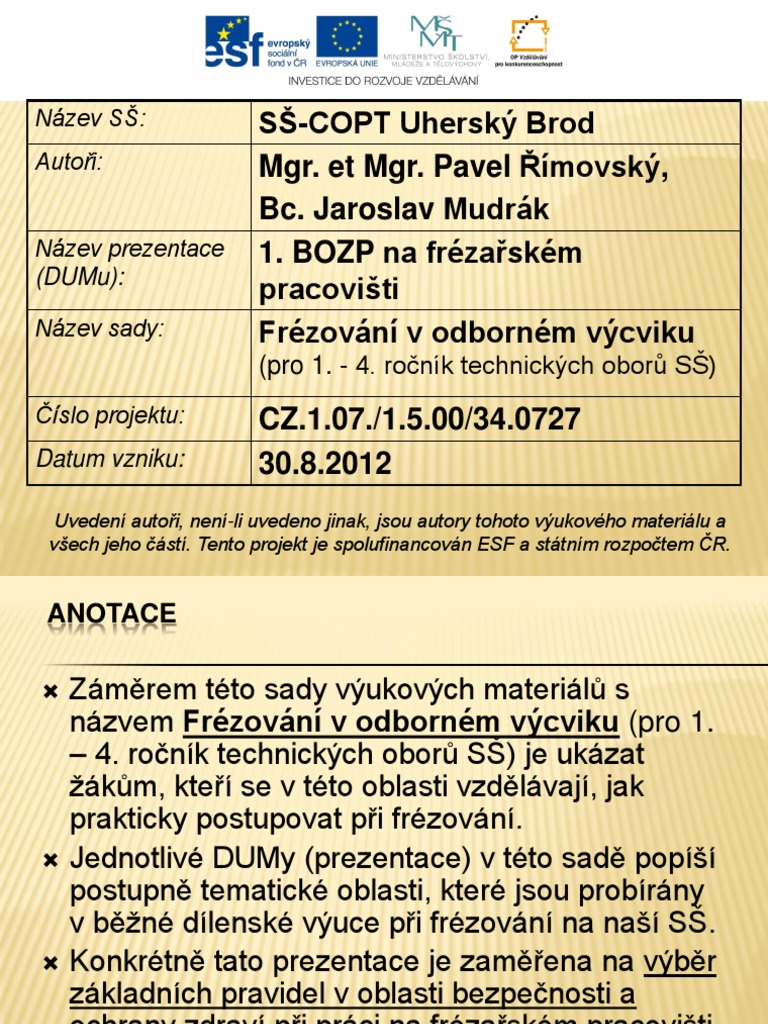 01 BOZP Na Frézařském Pracovišti | PDF