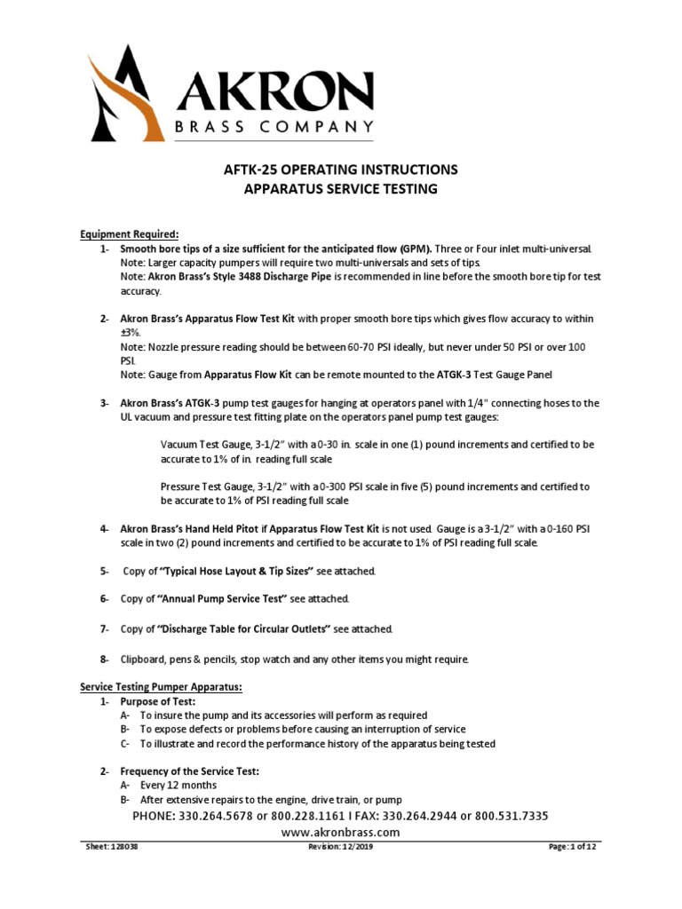AFTK-25 Service Testing Instructions | PDF | Pump | Pressure