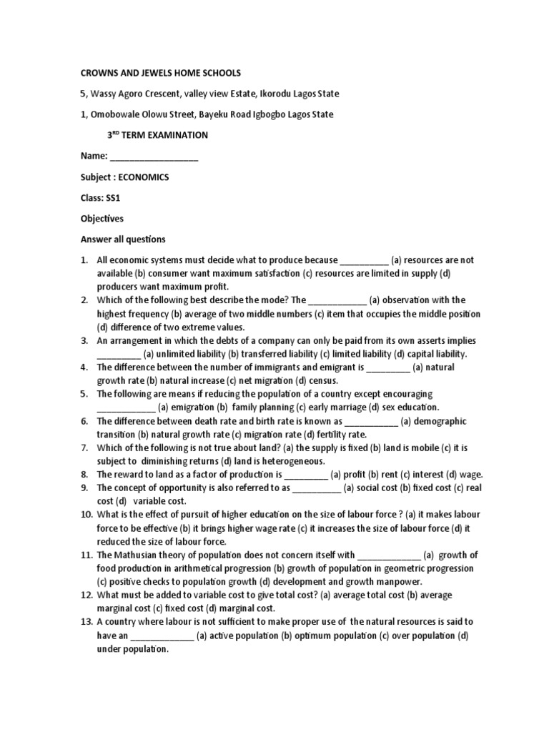 3rd Term Economics ss1 Questions | PDF