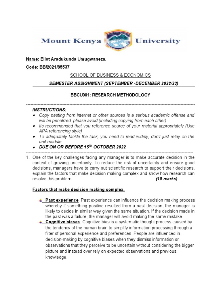 RESEARCH METHODOLOGY Assignment - Eliot Aradukunda | PDF | Sampling (Statistics) | Decision Making