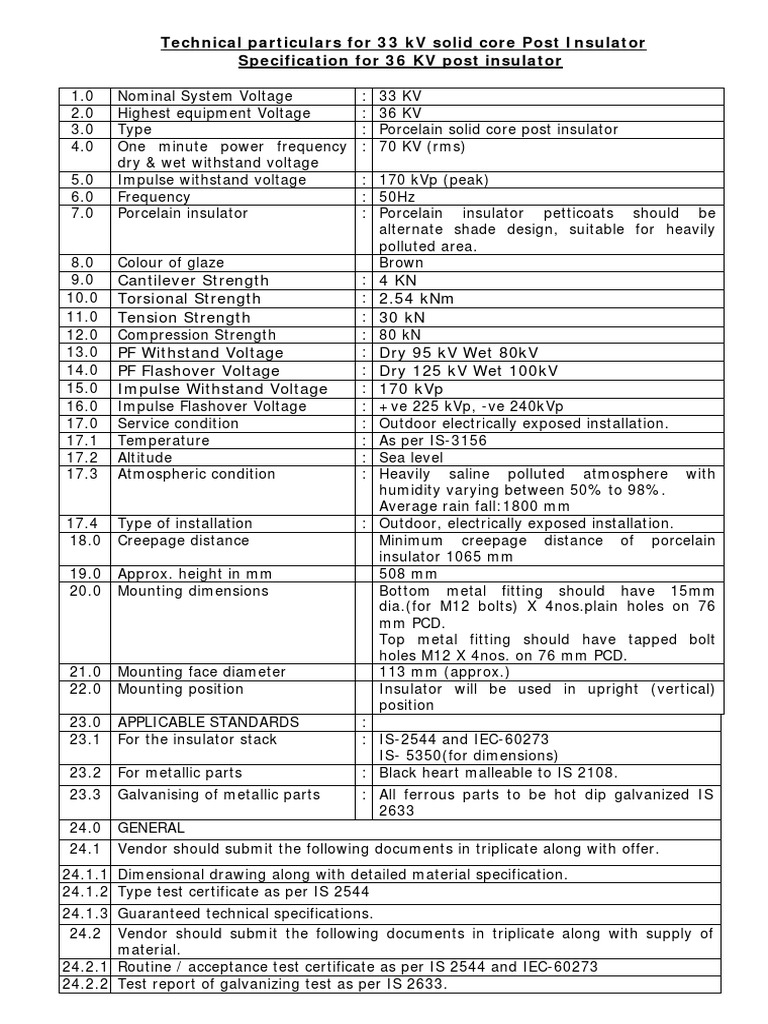 33kV Post Insulator Technical Specification | PDF | Insulator (Electricity) | Materials