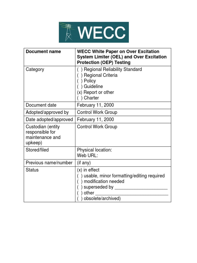 WECC White Paper on Over Excitation System Limiter | PDF | Electric Generator | Voltage