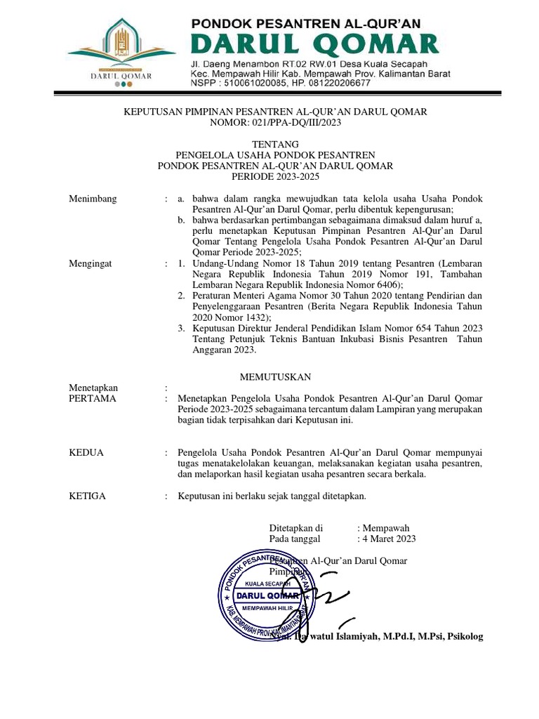 SK Pengelola Usaha Pesantren | PDF