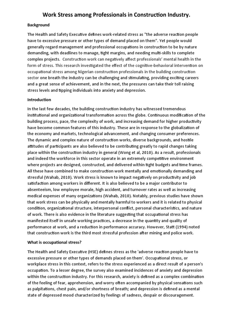 Work Stress Among Professionals in The Construction Industry in Nigeria ...