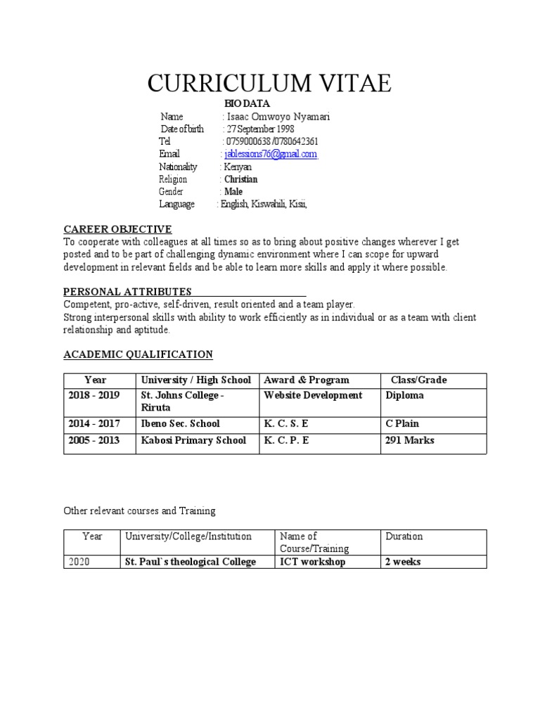 Curriculum Vitae Sample | PDF | Kenya | Curriculum