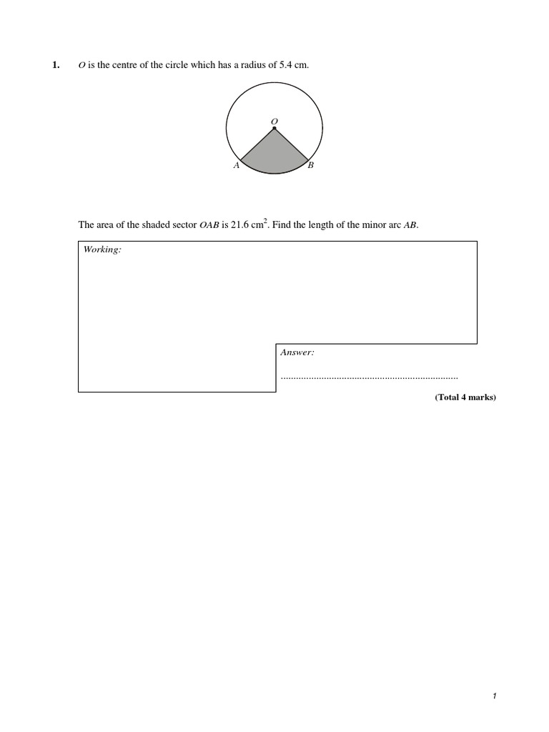 Arc Length - Sector Area Exam Questions | PDF | Circle | Area