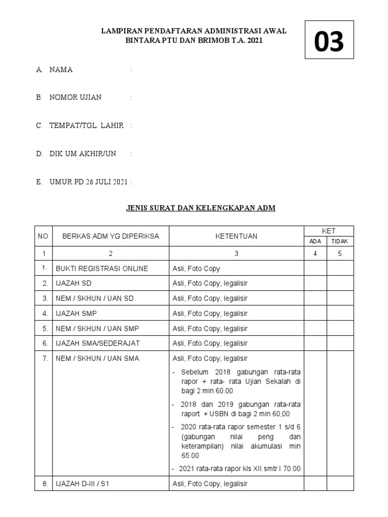 Ceklist Ptu Brimob | PDF