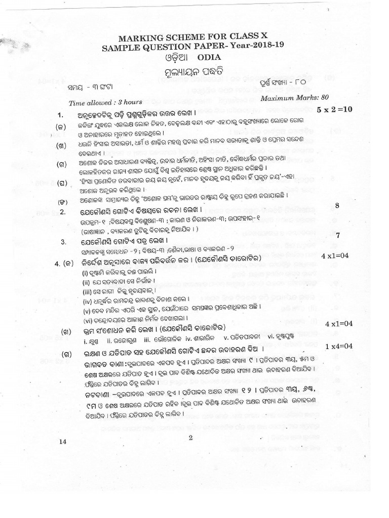 CBSE Class 10 Odia Marking Scheme Question Paper 2018-19 | PDF
