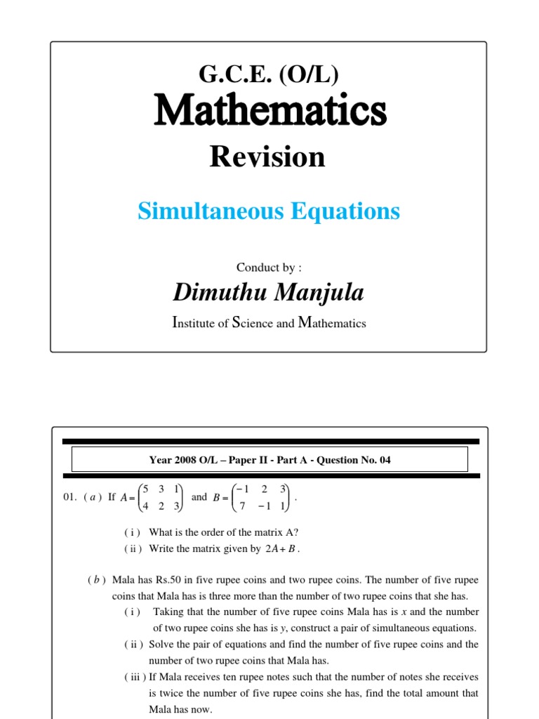 Simultaneous Equations O/L | PDF | Equations | Matrix (Mathematics)