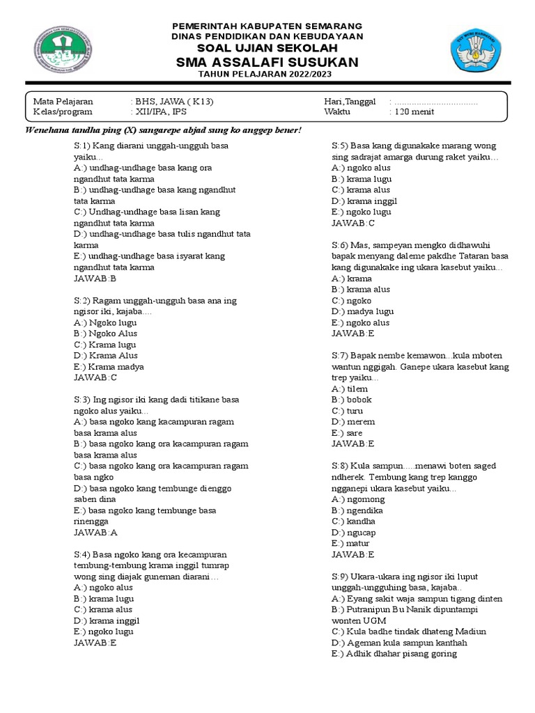 Soal Us BHS Jawa - 2023 | PDF