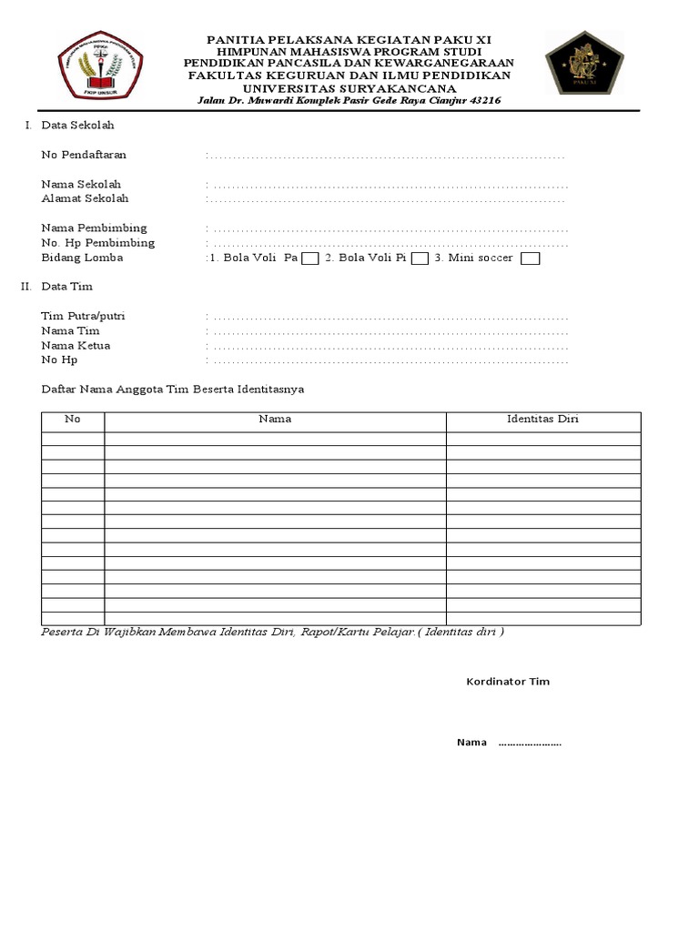 Formulir Pendaftaran Data Perlombaan | PDF