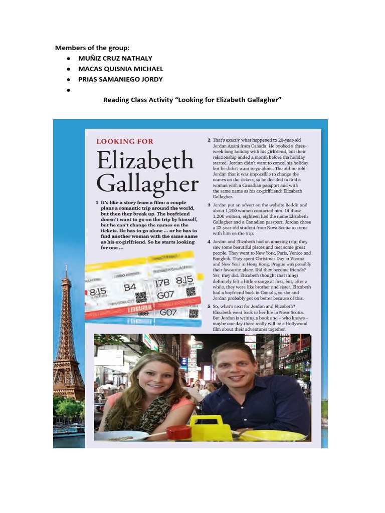 Reading Class Activity "Looking For Elizabeth Gallagher" | PDF