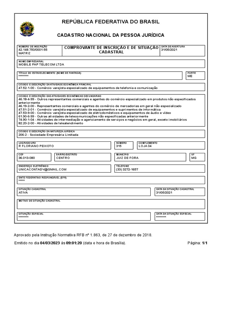 Cadastro da Mobile PAP Telecom LTDA | PDF | Economia de negócios ...