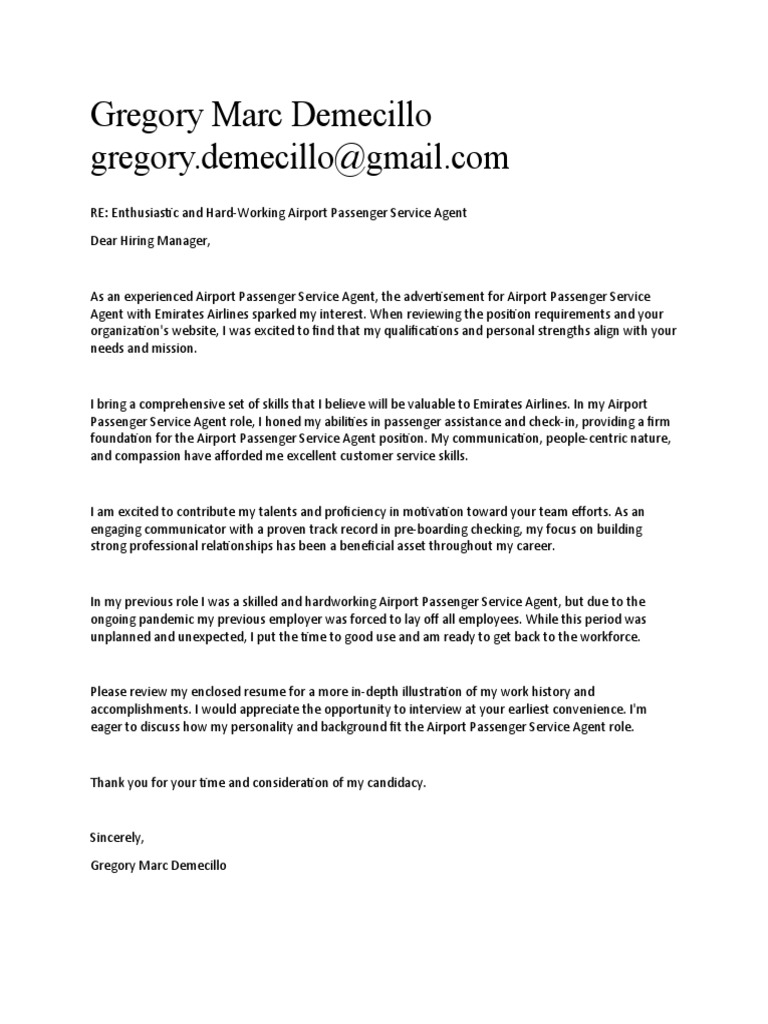 Emirates Airport Passenger Service Cover Letter | PDF | Career & Growth ...