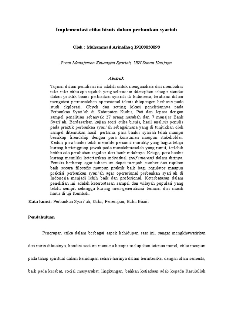 Implementasi Etika Bisnis Dalam Perbankan Syariah - Muhammad Arinalhaq (098) - UAS ETIKA BISNIS ...