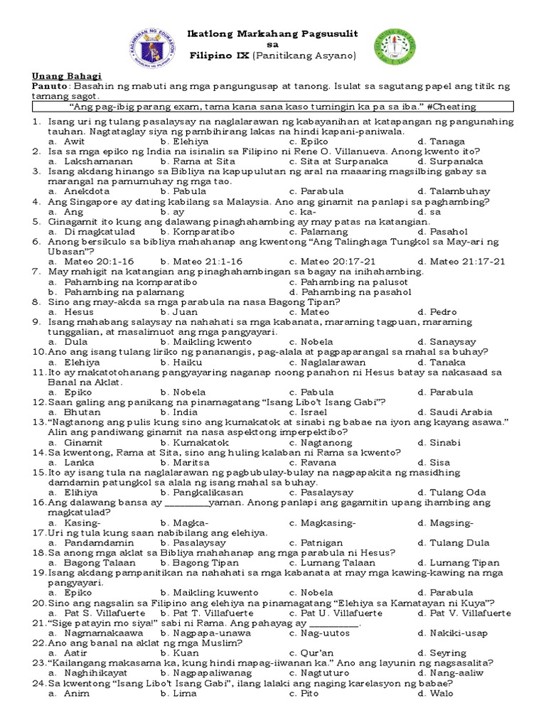 Ikatlong Markahang Pagsusulit Sa Filipino | PDF