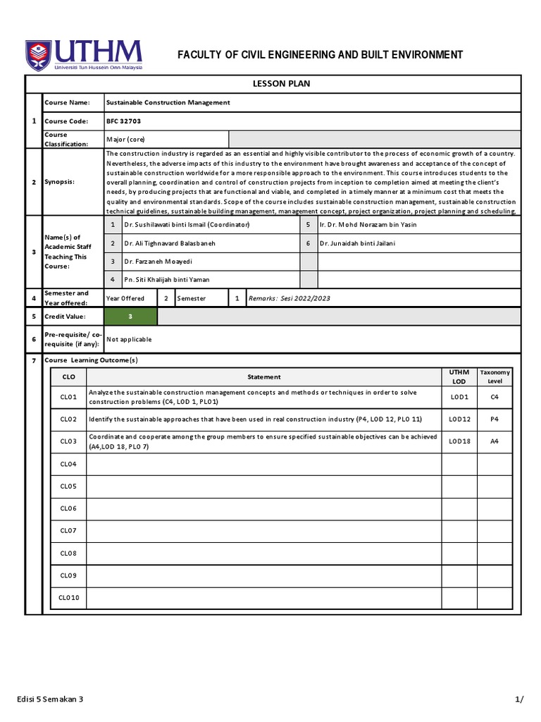 Faculty of Civil Engineering and Built Environment: Lesson Plan | PDF ...