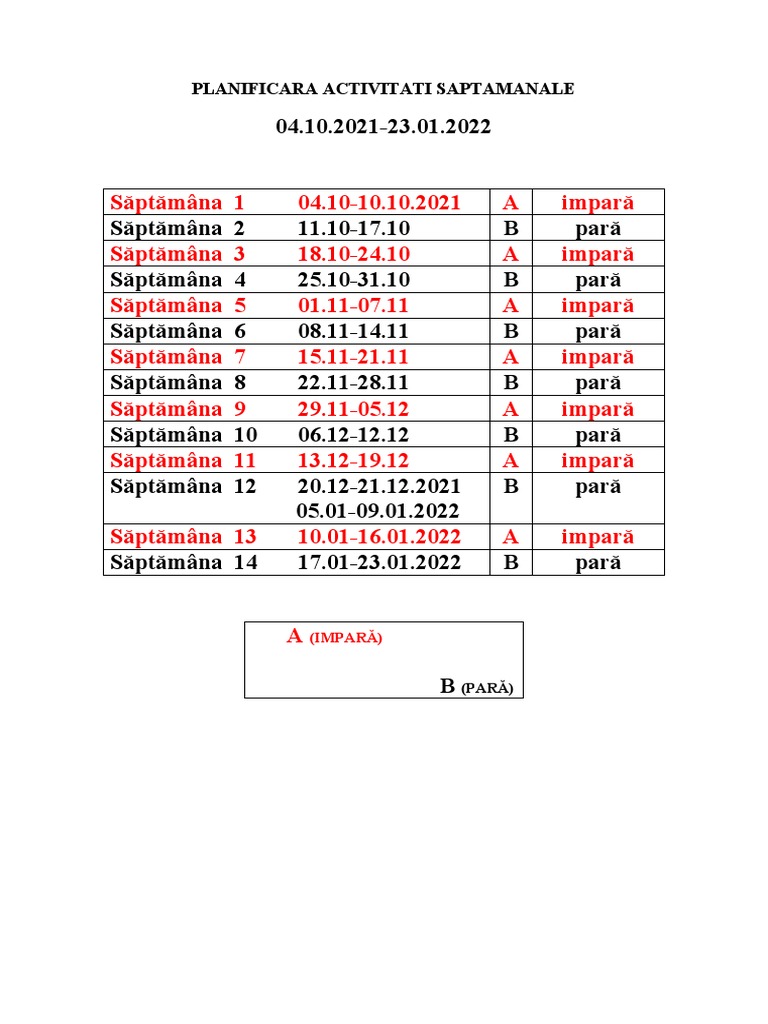Planificare Activitati Saptamanale Sem 1 | PDF