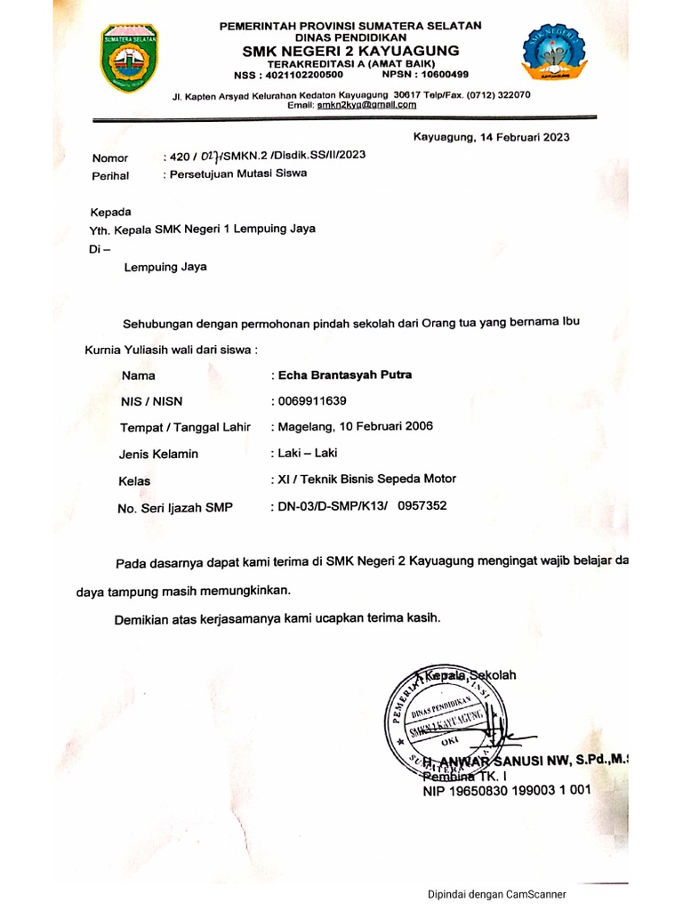 Surat Rekom Mutasi Echa | PDF