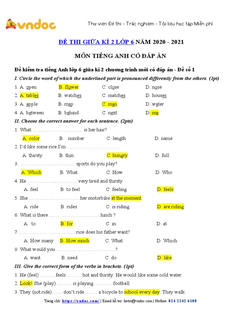 Bo de Thi Giua Ky 2 Mon Tieng Anh Lop 6 Co Dap An | PDF | Lunch | Meal