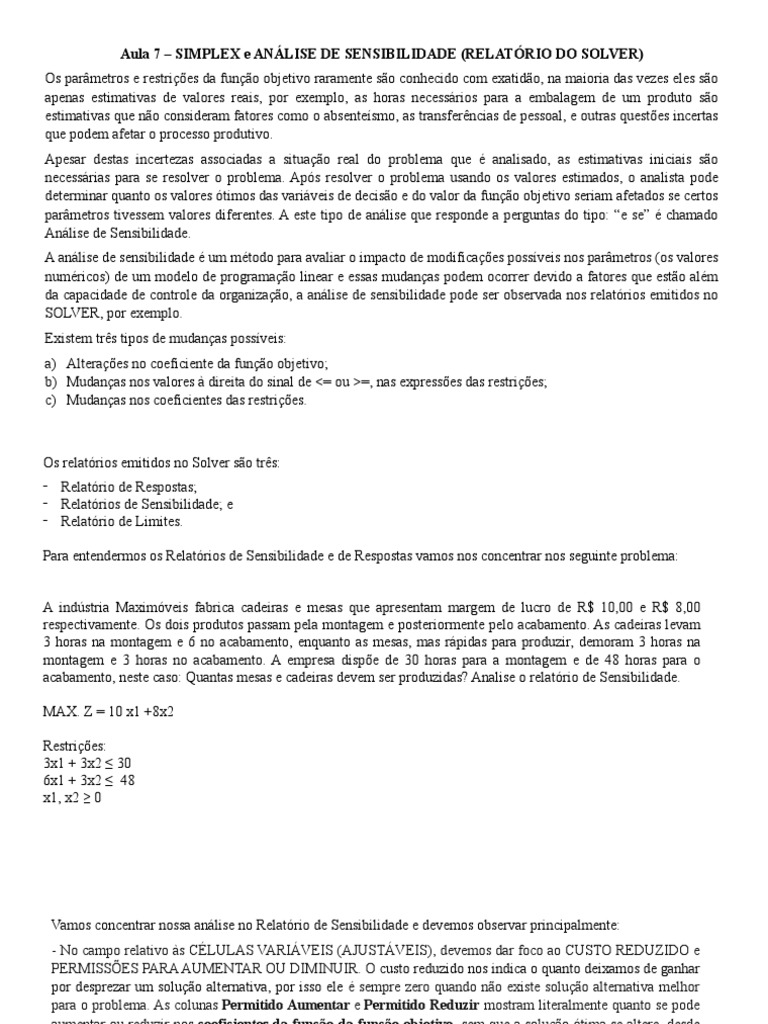 Aula 7b - Simplex e Análise Da Sensibilidade | PDF | Análise de Sensibilidade | Carne