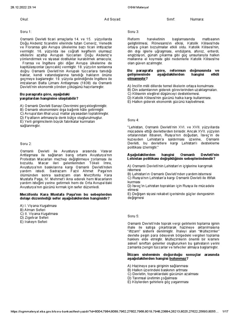 Tarih-11 2.sınav Soru Örnekleri | PDF