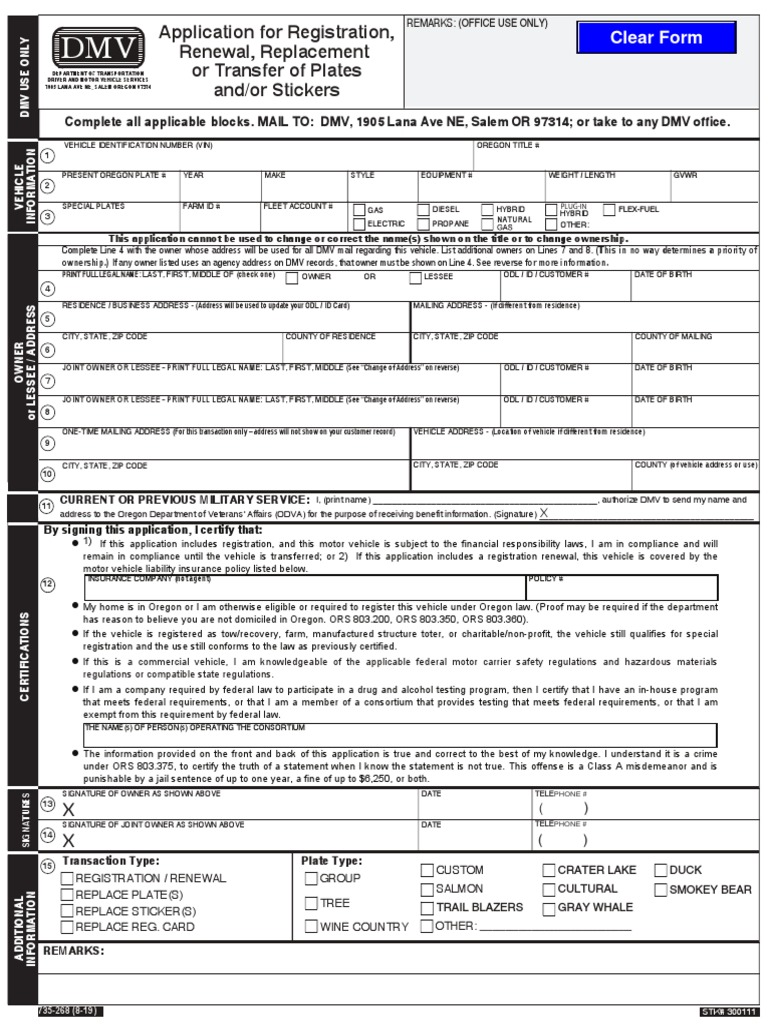 Oregon DMV Registration Application Form | PDF