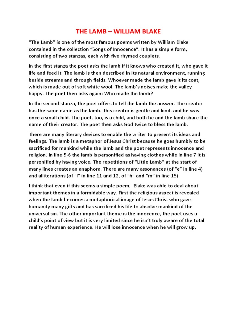 Analysis of Blake's "The Lamb" Poem | PDF