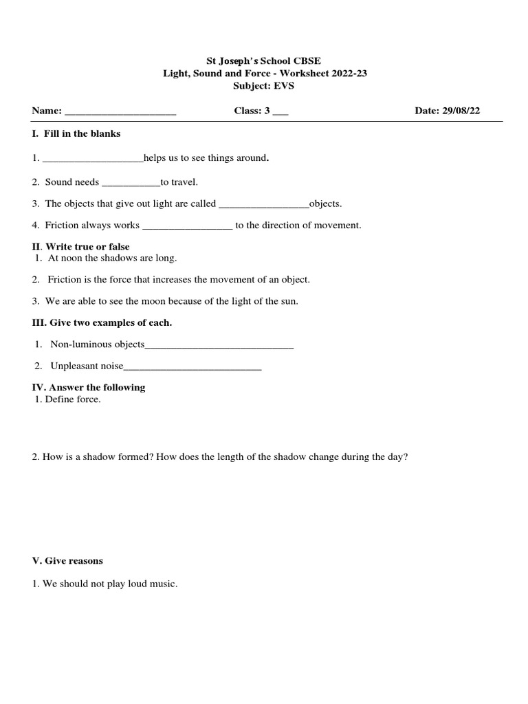 Class 3 Light, Sound and Force Worksheet | PDF