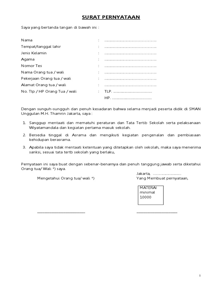 Surat Pernyataan Bersedia Tinggal Di Asrama Dan Mematuhi Tatib | PDF