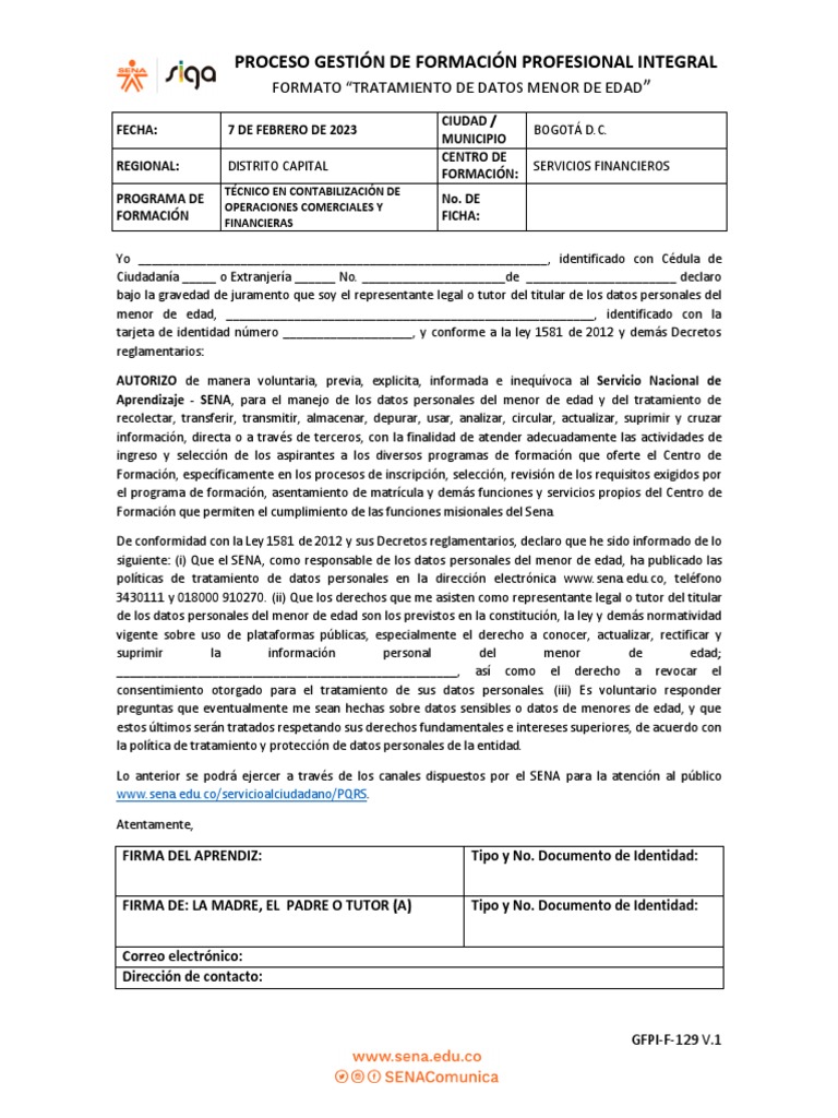 GFPI-F-129 Formato Tratamiento de Datos Menor de Edad | Descargar ...