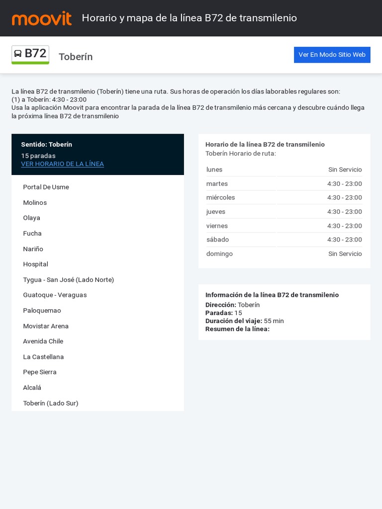 Toberín: Horario y Mapa de La Línea B72 de Transmilenio | PDF ...