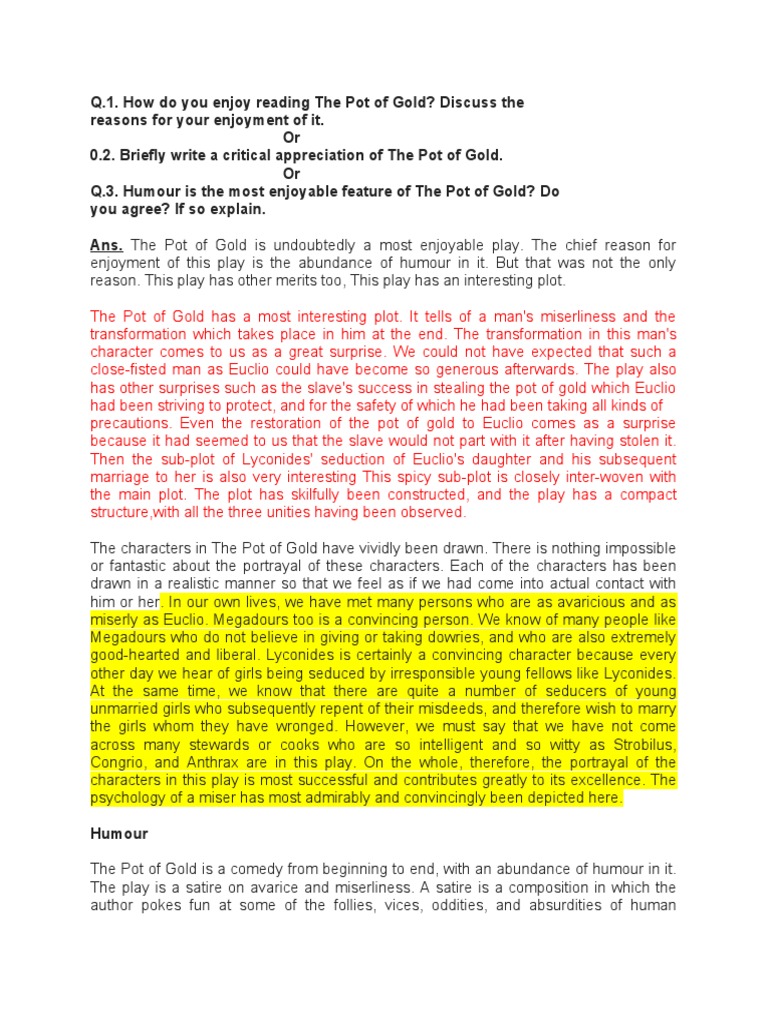 Greed and Transformation in Pot of Gold | PDF | Greed | Satire
