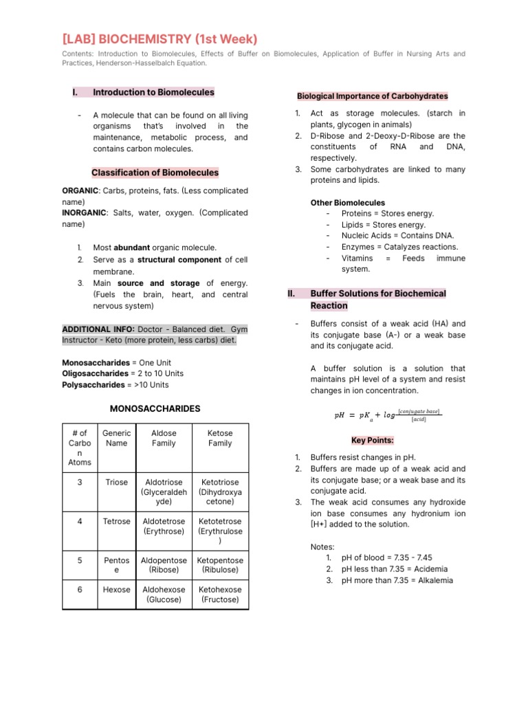 (Week 1 BIOCHEM) Introduction To Biomolecule | PDF | Buffer Solution | Biomolecules