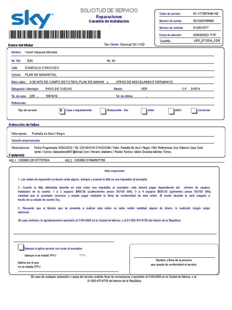 Solicitud de Servicio: Normal SKY HD | PDF