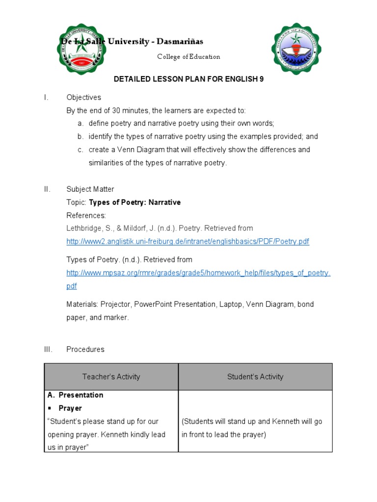 Detailed Lesson Plan - Draft | Download Free PDF | Poetry | Narrative