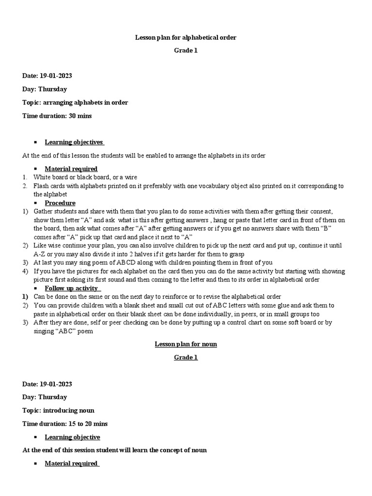 Lesson Plan For Alphabetical Order | PDF | Lesson Plan | Noun