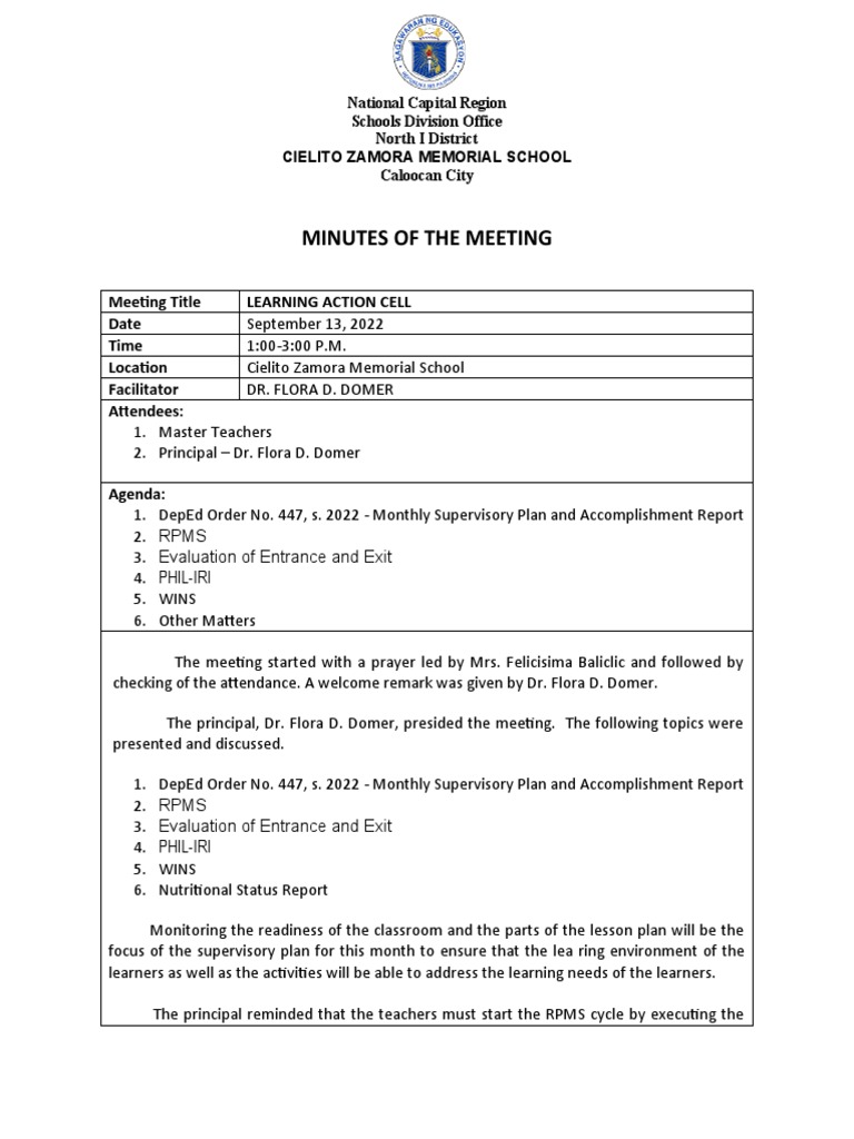 Minutes of The Meeting | PDF | Teachers | Lesson Plan