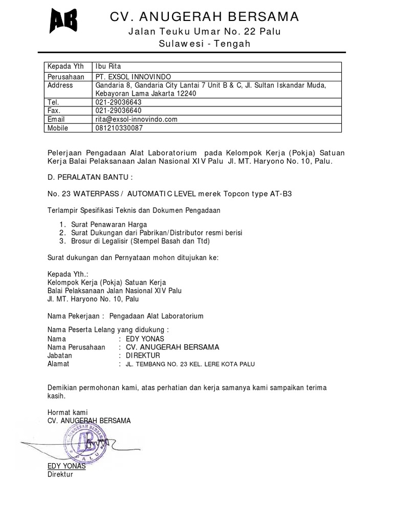 Data Permohonan Harga & Dukungan PT. EXSOL INNOVINDO. - CV. ANUGERAH ...