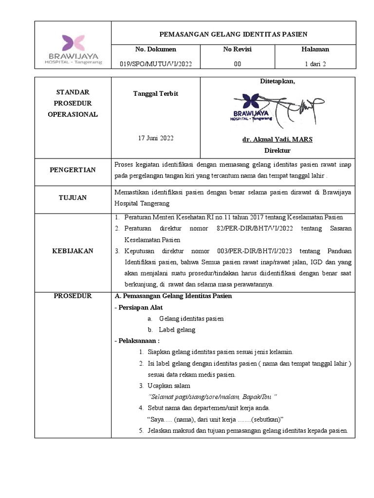 019 Pemasangan Gelang Identitas Pasien | PDF
